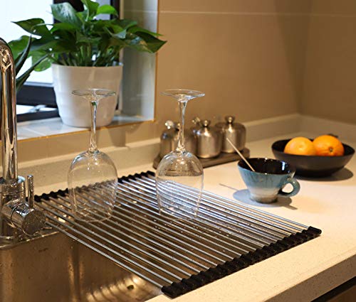 Ahyuan Roll up Dish Drying Rack Over The Sink Kitchen Roll up Sink Drying Rack Portable Dish Drainer Foldable Dish Drying Rack (Black, 17.8''X14'')
