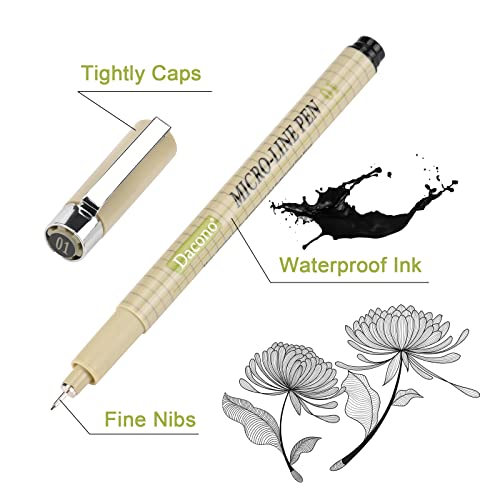Dacono Drawing Pens, Set of 12 Micro-Pen Fineliner Ink Pens, Black Precision Multiliner Pens for Artist Illustration, Sketching, Calligraphy,Technical Drawing, Manga, Anime, Scrapbooking