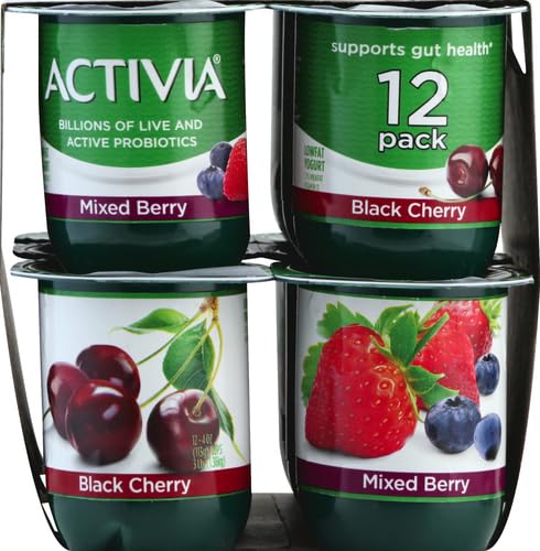 Activia Black Cherry and Mixed Berry Probiotic Yogurt, Delicious Lowfat Yogurt Cups to Help Support Gut Health, 12 Ct, 4 OZ