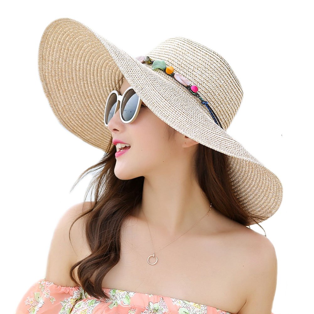Adrinfly Women Floppy Beach Hat, Wide Brim Straw Sun Hat, Travel Foldable Packable Adjustable Summer Accessories UV UPF 50+ Khaki