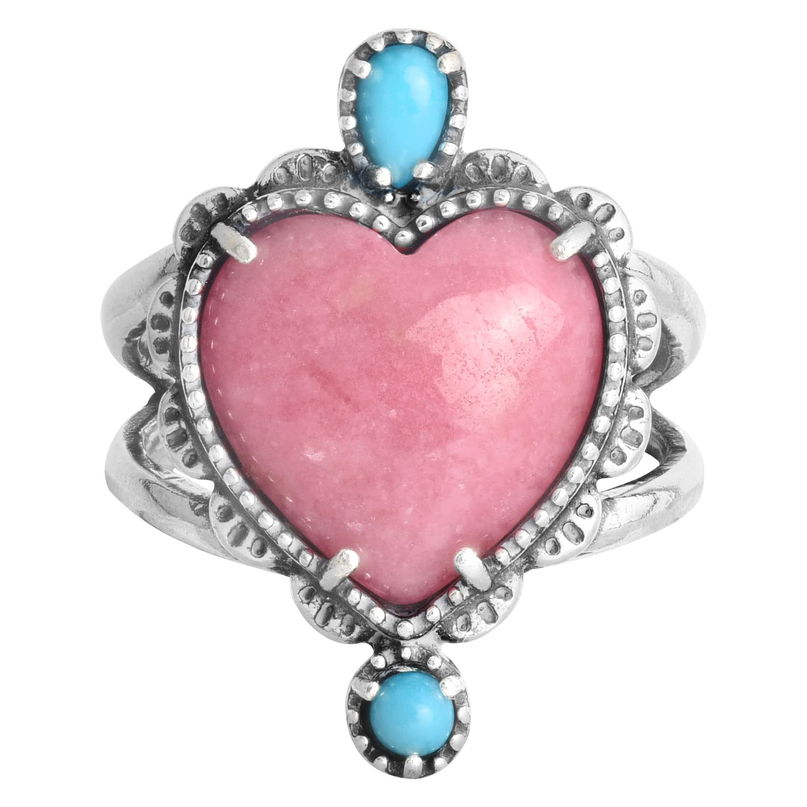 American West Sterling Silver Women's Ring Pink Rhodonite & Sleeping Beauty Turquoise Concha Heart Design Size 6