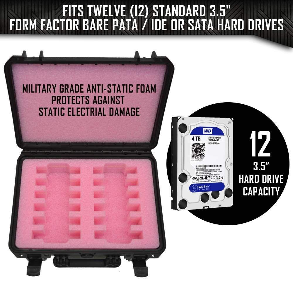 MyCaseBuilder Doro Cases Heavy Duty Hard Drive Storage Case – Protector Travel Carrying Case - Foam Insert Fits 12 x 3.5-Inch PATA/SATA Hard Drives