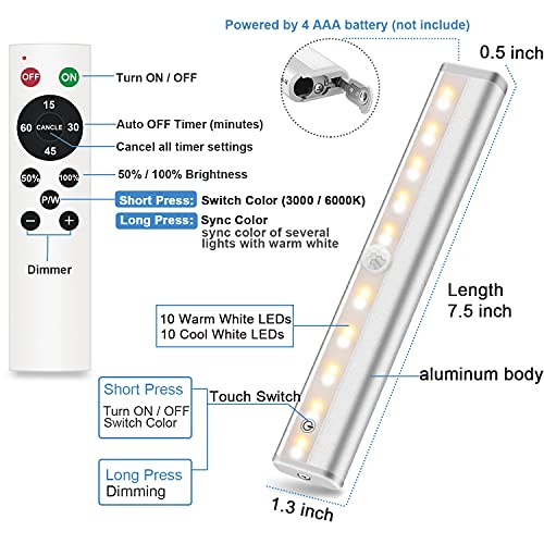 Anbock Remote Control Under Cabinet Lighting 6 Pack Battery Operated, 20 LED Closet Lights Wireless Stick On Lights with Touch Switch Night Light for Kitchen, Counter, Bedroom, 3 Colors…