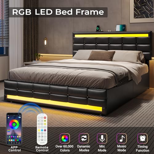 ADORNEVE Queen Bed Frame with LED Lights Leather Platform Bed with Storage Drawers and Charging Station, LED Bed Frame Queen Size with Adjustable Headboard, No Box Spring Needed, Black