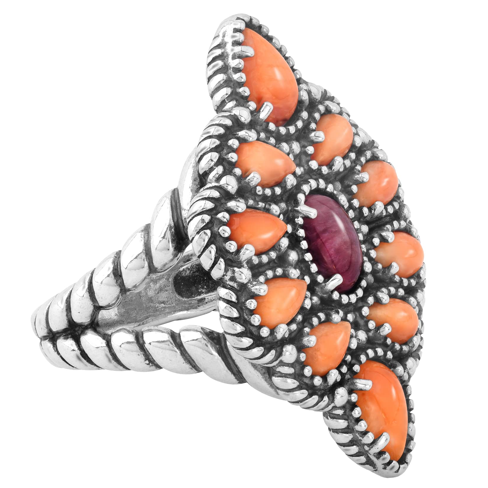 American West Sterlng Silver Women's Ring Shades of Spiny Oyster Gemstone Cluster Design Size 10