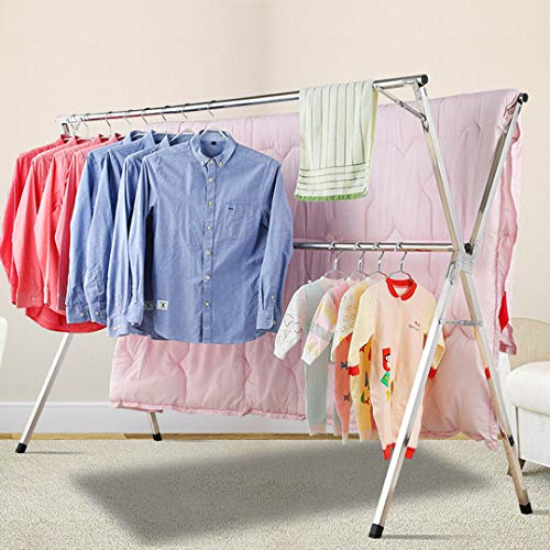 RELIANCER Free Installed Clothes Drying Rack Stainless Steel Foldable Rack Hanger Space Saving Retractable 43.3-59 inch Clothes Rack Adjustable Clothes Hanger Rolling Rack with 4 Casters & 10 Hooks