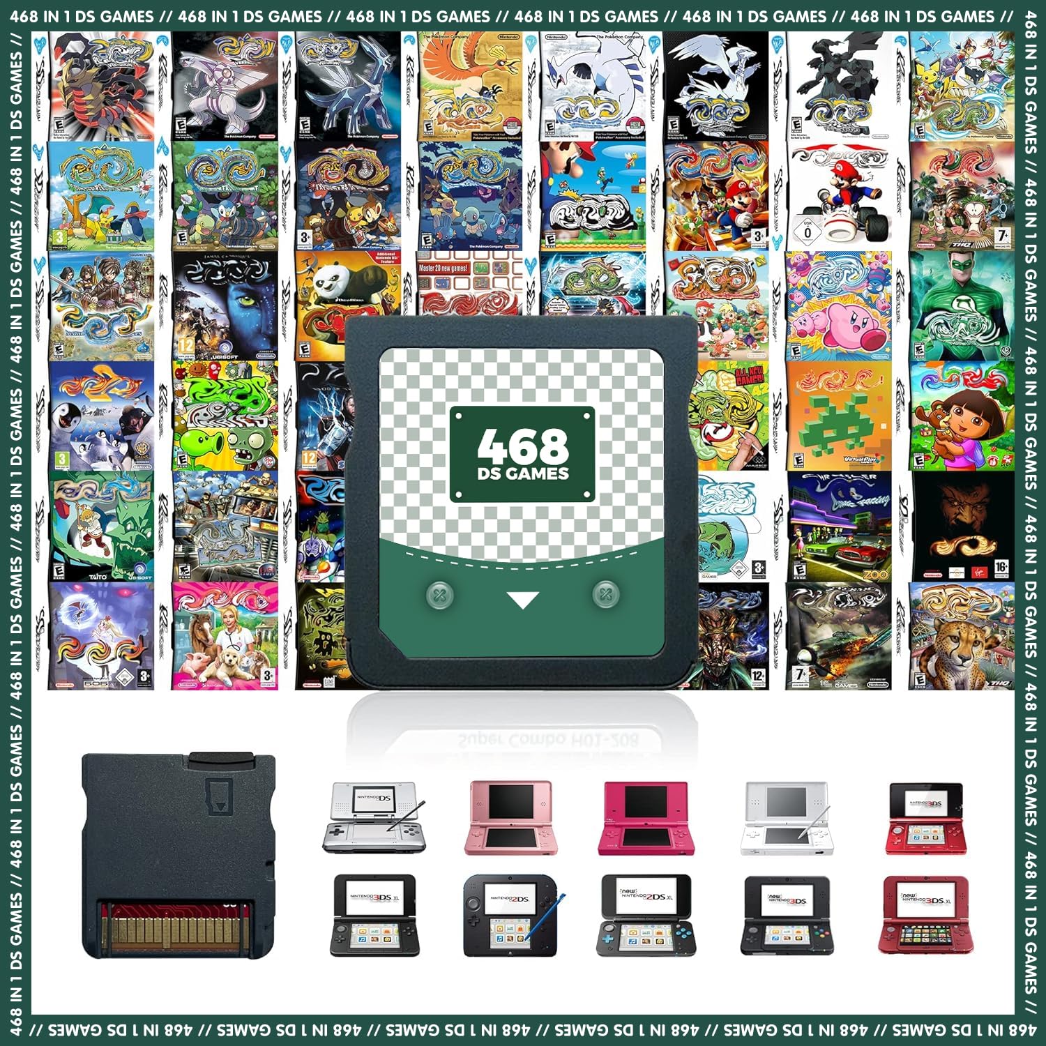 Amomey DS/2DS/3DS 468 in 1 Game Cartridge, Retro Game Pack Card Compilation with 468 Games for 3DS, DS, DSL, DSi