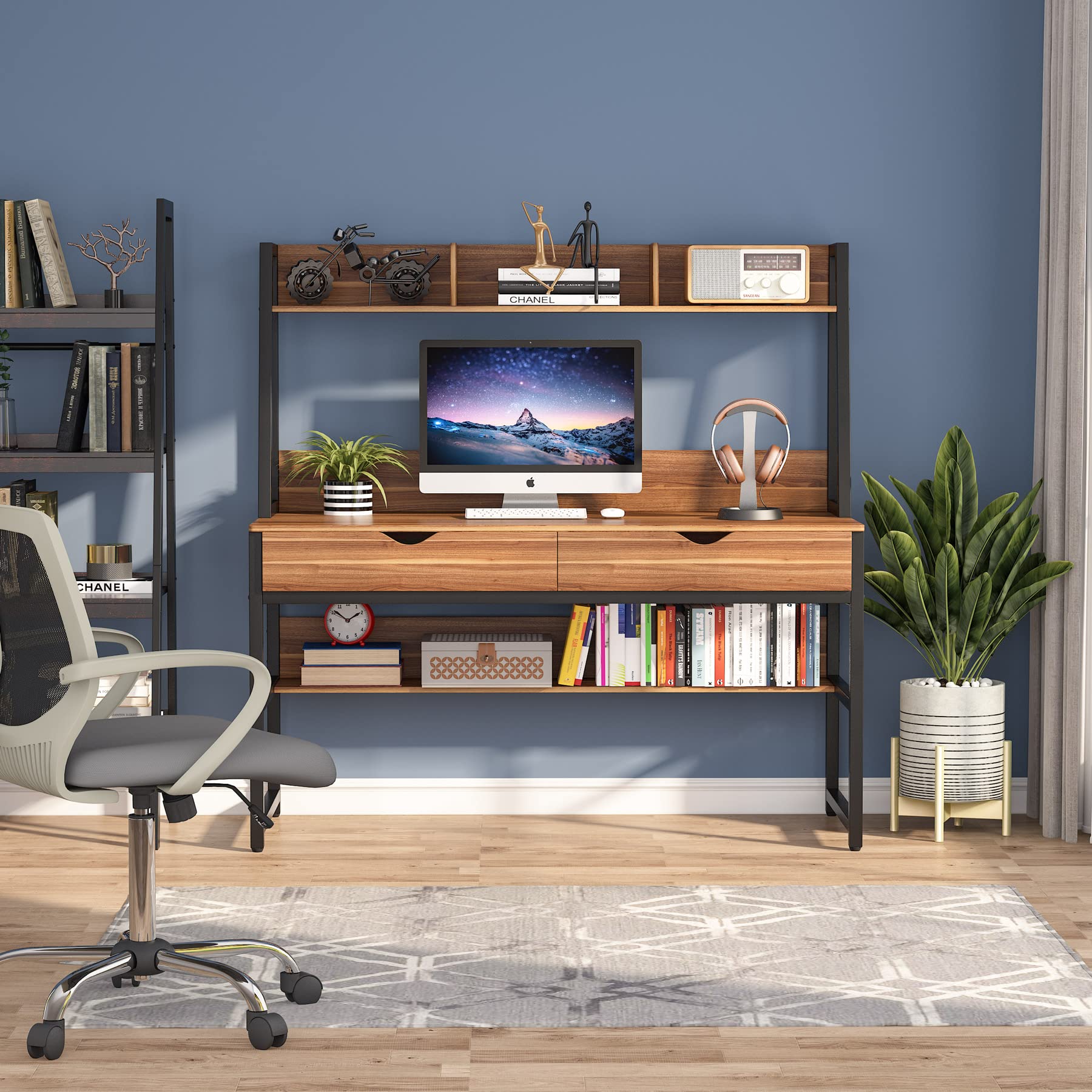 Tribesigns Large Computer Desk with Bookshelf and Drawers, Writing Desk Gaming Gamer Table with Storage and Hutch, 47 “Wood and Metal Craft Table for Home Office