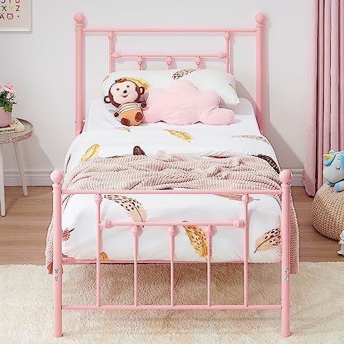 VECELO Twin Size Metal Platform Bed Frame for Girls Kids Adults, with Headboard and Footboard/No Box Spring Needed Mattress Foundation, Festival Gift Birthday Present, Pink