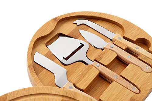 Juvale Cheese Board Set - Charcuterie Board and Cheese Tools, Cheese and Meat Board, Includes 1 Bamboo Cutting Board and 4 Piece Knife Tools, 10.2" x 10.2" x 1.5"