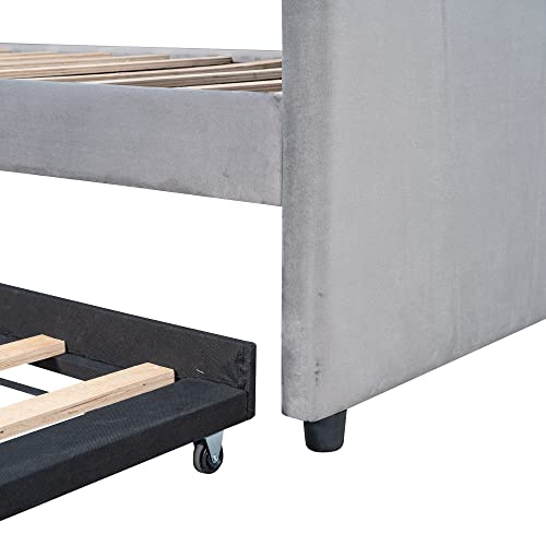 BIADNBZ Twin Size Daybed with Trundle and Wood Slats Support, Upholstered Sofa Bed for Bedroom GuestRoom Living Room, Gray