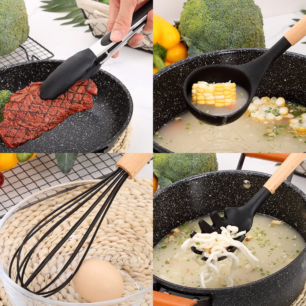ADOSON Kitchen Utensil Set, 21 Cooking Utensils Set, Silicone and Wooden Handle Kitchen Utensils with Holder, Non-Stick and Heat Resistant, Kitchen Cooking Utensils Spatula Set, Baking, Frying(Black)
