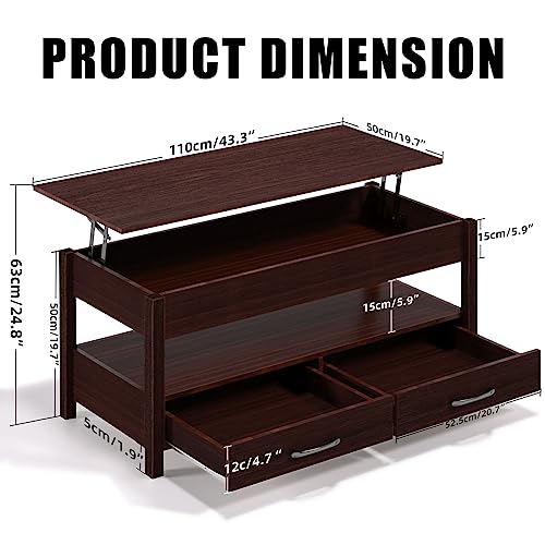 VEELOK Lift Top Coffee Table for Living Room with Hidden Storage Compartment 2 Drawers and Shelf Large Convertible Coffee Table, 43.3" Modern Wood Coffee Table, 445LBS Max Weight, Espresso