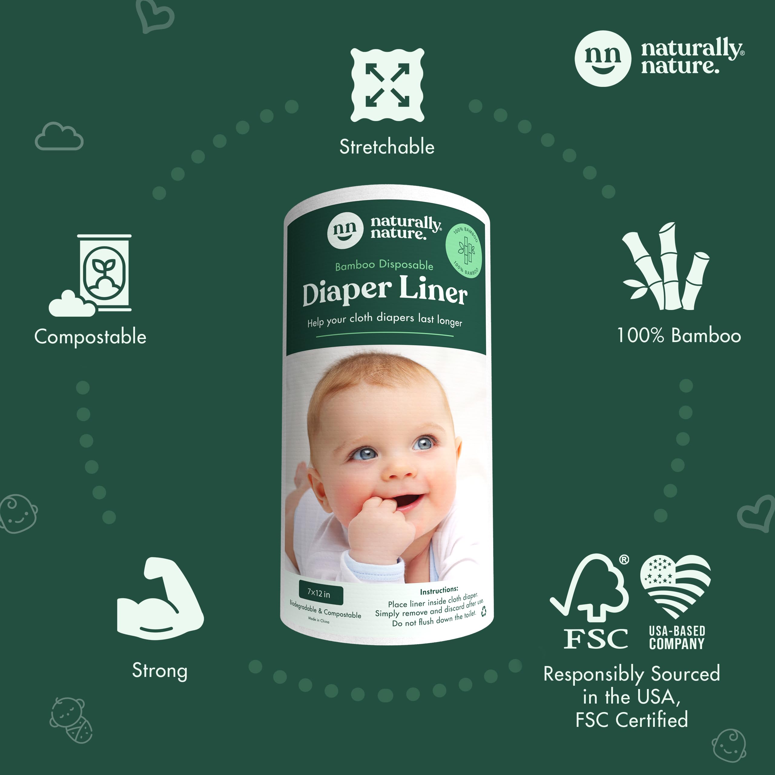 Naturally Nature Disposable Cloth Diaper Liners, Unscented, Fragrance-Free, Chlorine Free Diaper Inserts - 400 Count - (4 Rolls, 100 Sheets per Roll)