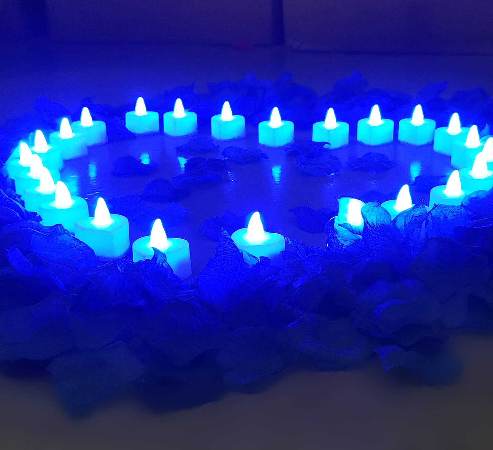 AUSAYE 1000 Pieces Artificial Rose Petals with 24 Pcs Heart Shaped LED Candles Smokeless Romantic Love LED Tea Lights for Night Valentine's Day Anniversary Wedding Table Decor Blue Party Decoration
