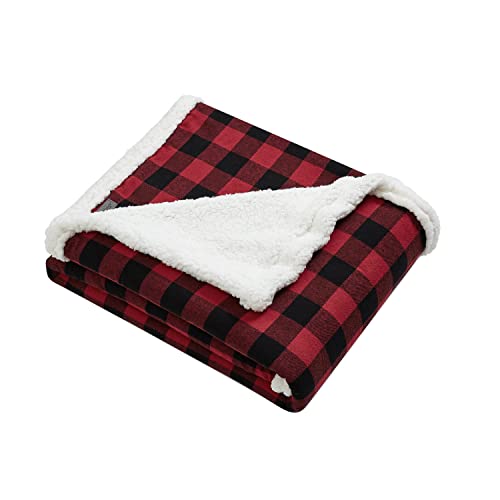 Eddie Bauer,Polyester Throw Blanket with Pillow Reversible Flannel/Sherpa Bedding Set, Buffalo Plaid Home Decor for All Seasons, 1 Count (Pack of 1), Red/Black Check