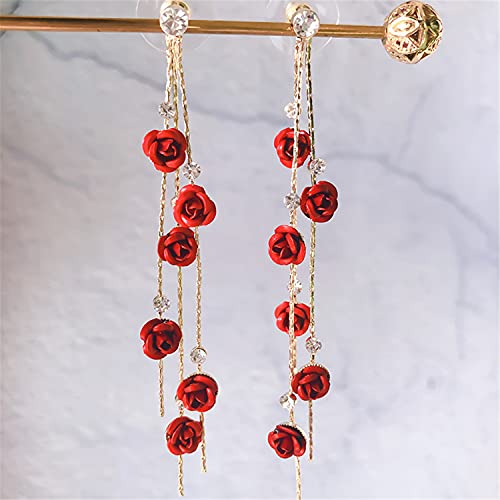 ANDPAI Unique Chic Long Tassel Chain Red Purple Rose Flower Dangle Drop Stud Earrings with White Sparkly Crystal for Women Statement Jewelry Gifts (Red)