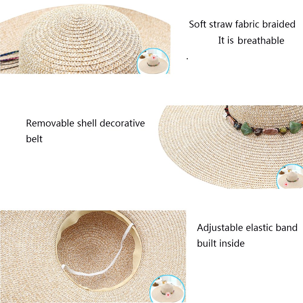 Adrinfly Women Floppy Beach Hat, Wide Brim Straw Sun Hat, Travel Foldable Packable Adjustable Summer Accessories UV UPF 50+ Khaki