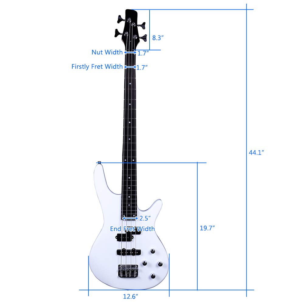 GLARRY Electric Bass Guitar Full Size 4 String Exquisite Stylish Bass with Power Line and Wrench Tool (White)