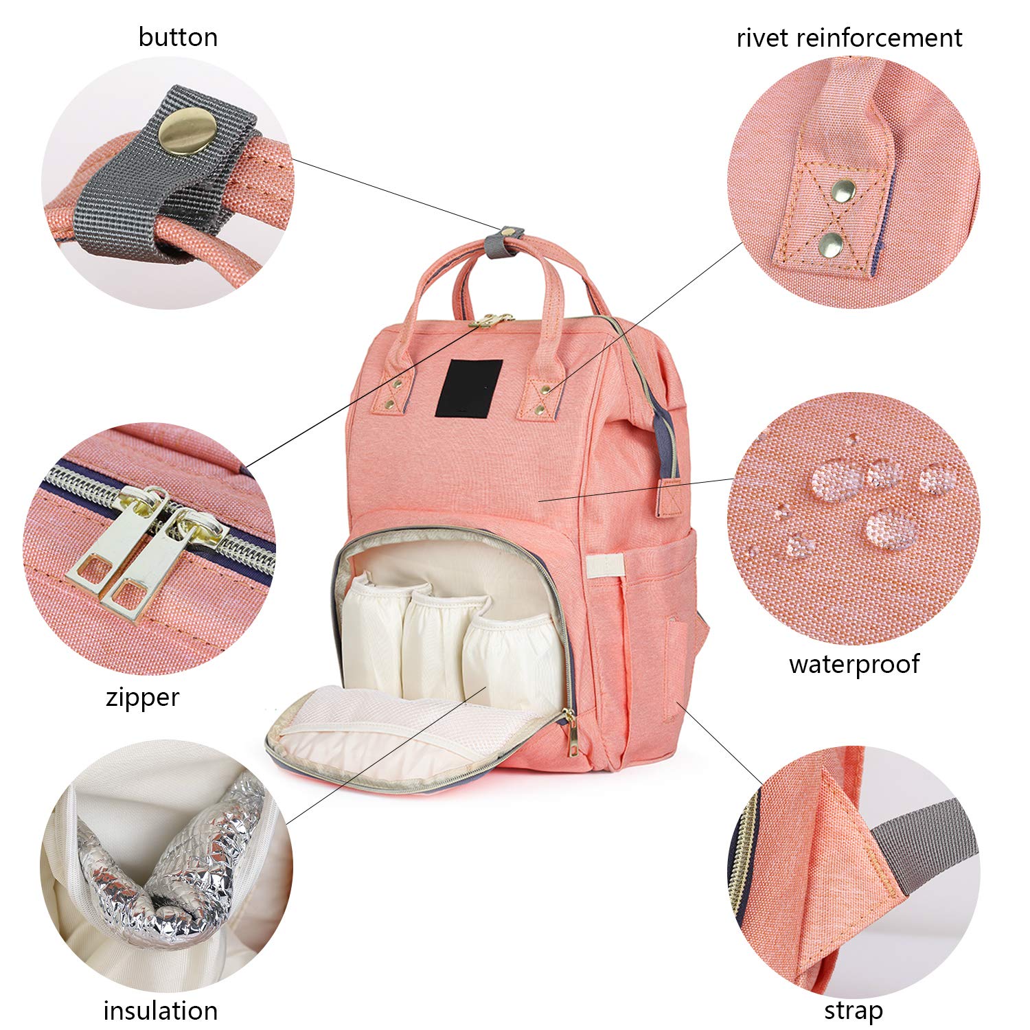 Diaper Bag Multi-Function Waterproof Travel Backpack Nappy Bags Large Capacity Stylish and Durable for Baby Care. (Orange Pink)