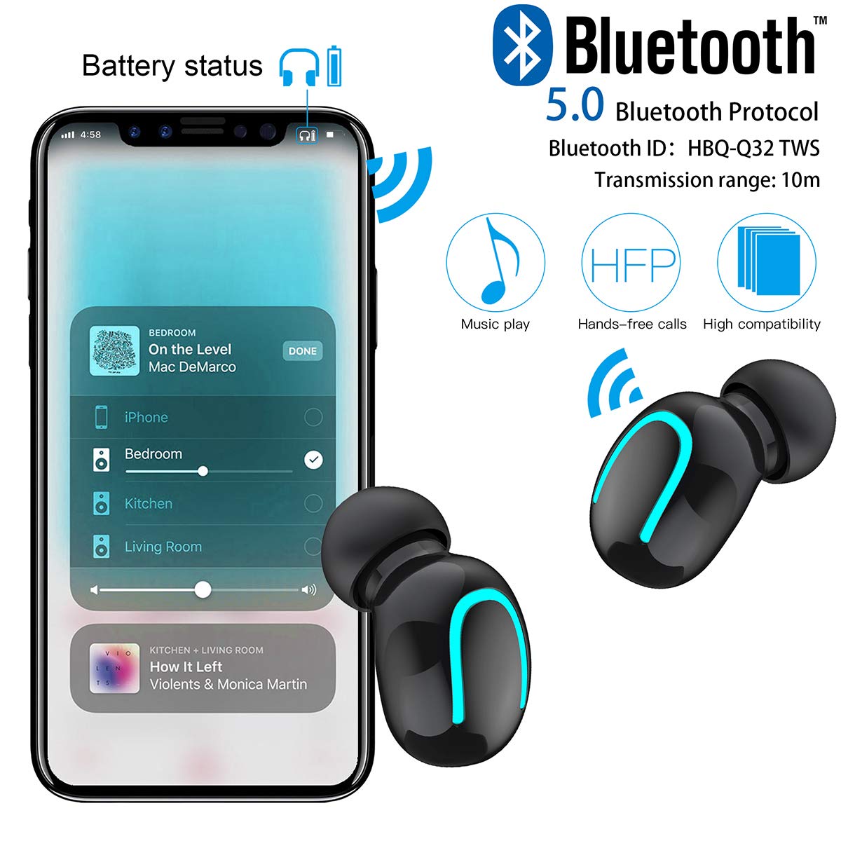 AICase TWS Wireless Headphones,Bluetooth 5.0 Wireless Earbuds Built-in Mic Mini Sweatproof Sport Headsets in-Ear Headset with Wireless Charging Case for Android and iOS Smartphones (HQB-U)