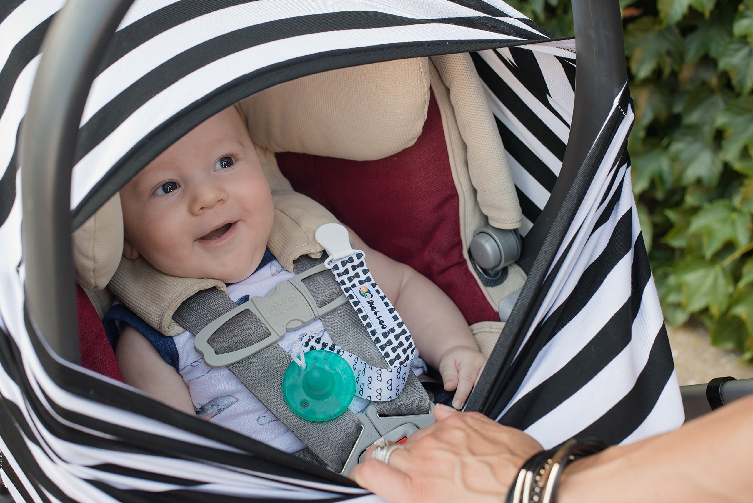 Premium Baby Car Seat Cover Set By Ike & Leo - Multipurpose Stretchy Baby Cart Canopy -Breastfeeding Cover - Lightweight & Breathable - Black & White Classic Stripes Design - Bonus Bamboo Nursing Pads