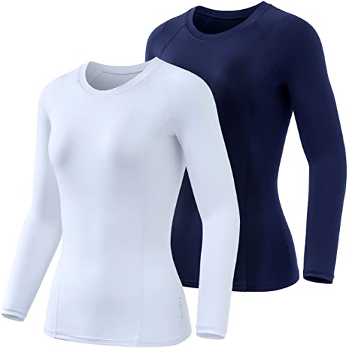 ATHLIO Women's Sports Compression Shirt, Cool Dry Fit Long Sleeve Workout Tops, Athletic Exercise Gym Yoga Shirts, 2pack White/Navy, Medium