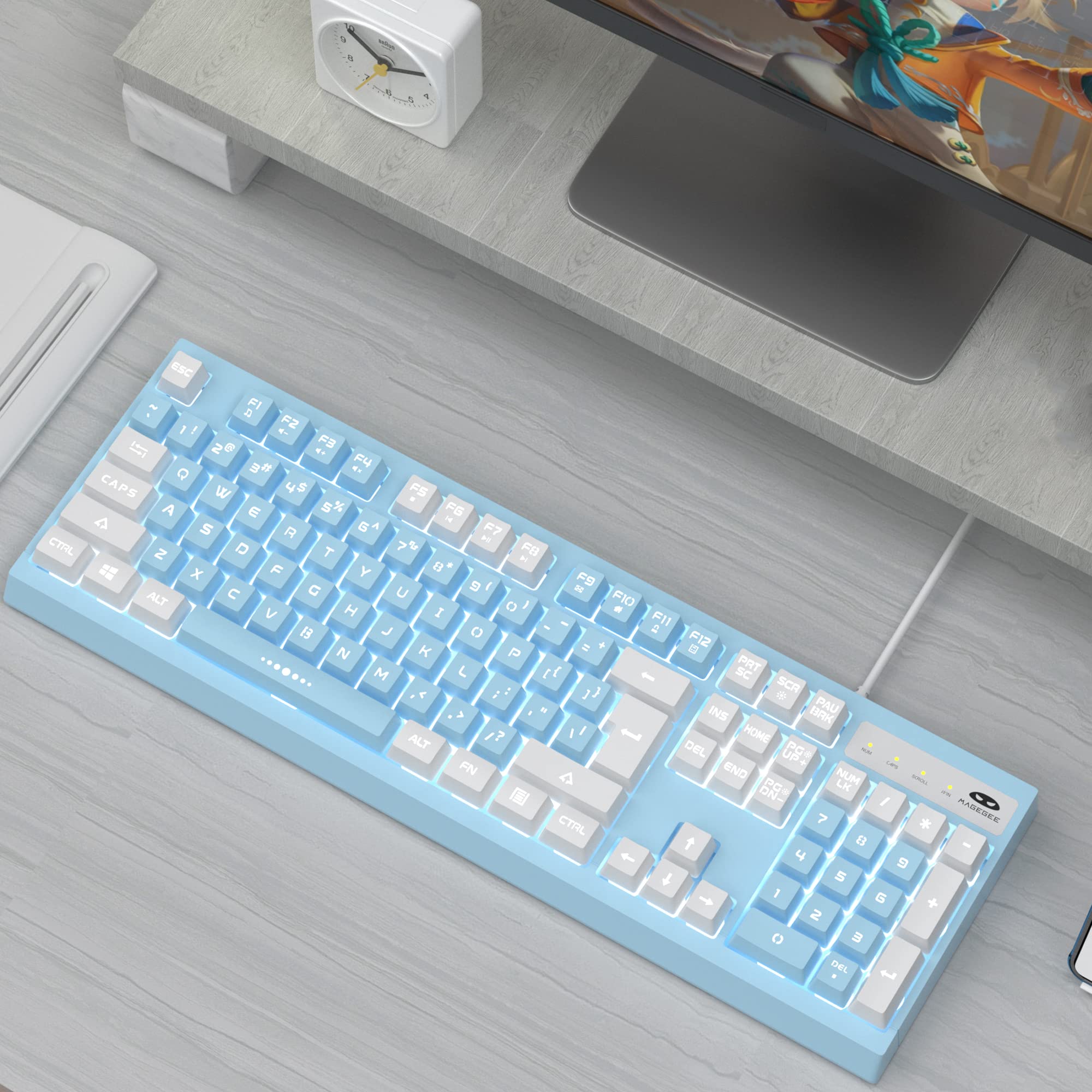 ADDTREE Wired Gaming Keyboard, LED Backlit Full Size Keyboard, Blue & White Keyboard with Number Pad for Office PC/MAC Gamer, Laptop, Computer, Gamer