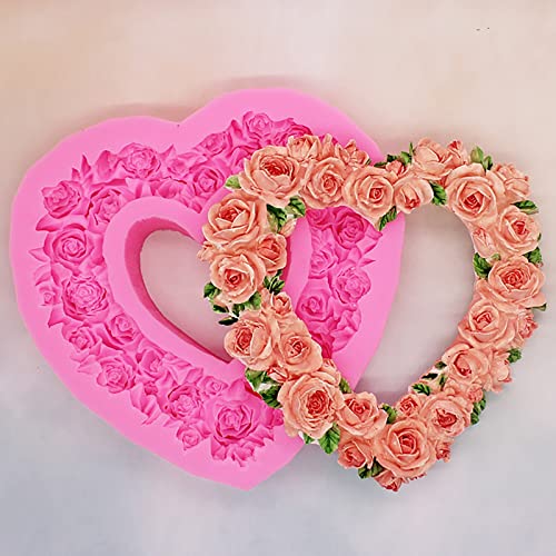 Shan-S Valentine Silicone Molds,3D Heart Rose Chocolate Molds,Fondant Mold Embossed Love Garland Mould, Heart Wreath Mould,DIY Cake Decoration Mousse Cheesecake Desserts Model Baking Pastry Tool,Pink
