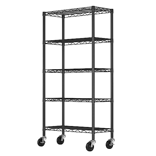 SINGAYE 5-Shelf Adjustable, Heavy Duty Storage Shelving Unit on Wheels, Steel Organizer Wire Rack, 30" W x 14" D x 64" H,Black