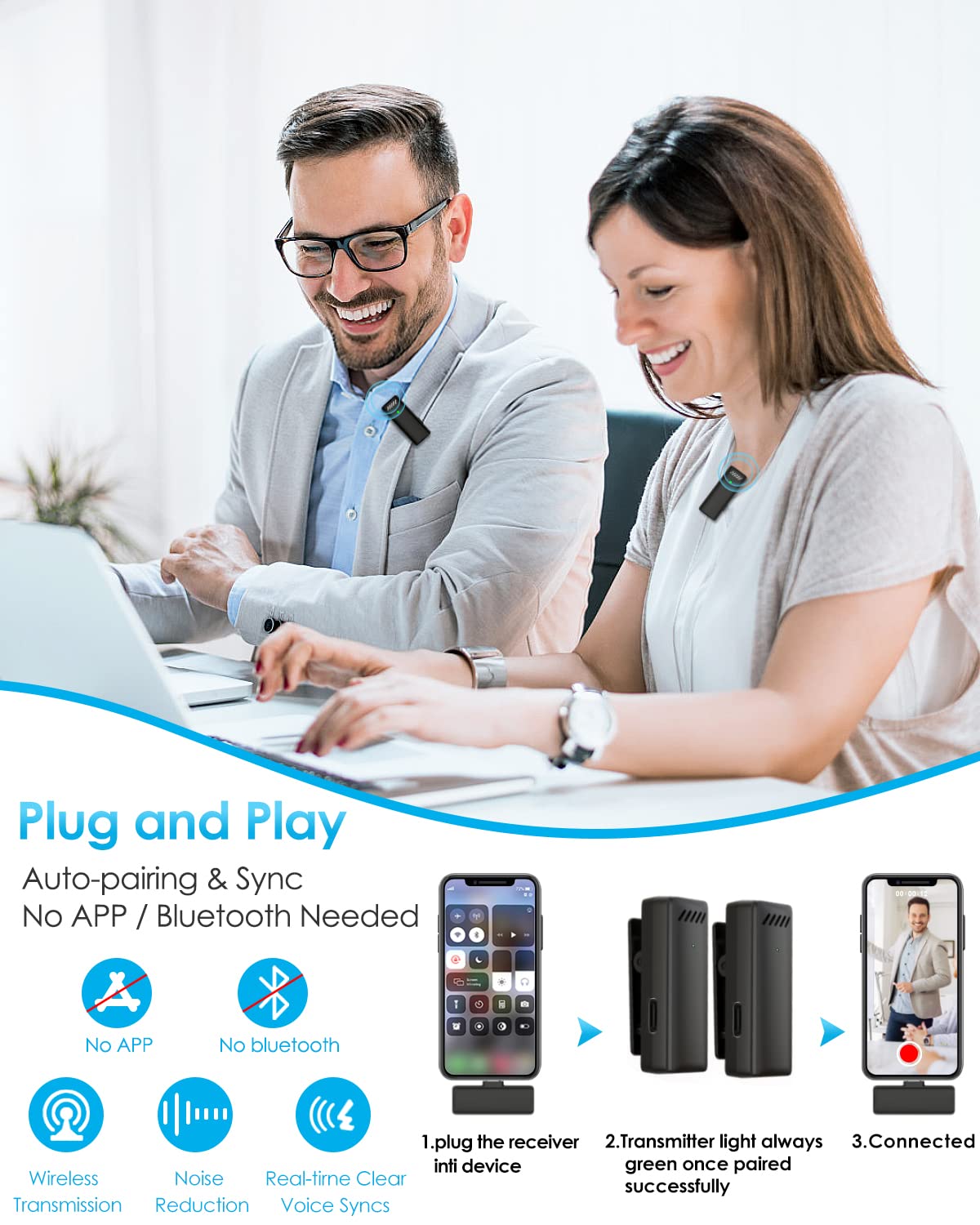 Anyyuk Wireless Lavalier Microphones for iPhone iPad 2.4GHz Plug & Play Lapel Clip-on Mic with Charging Case for Interview TikTok Live Stream YouTube Vlog Video Recording - 2 Pack
