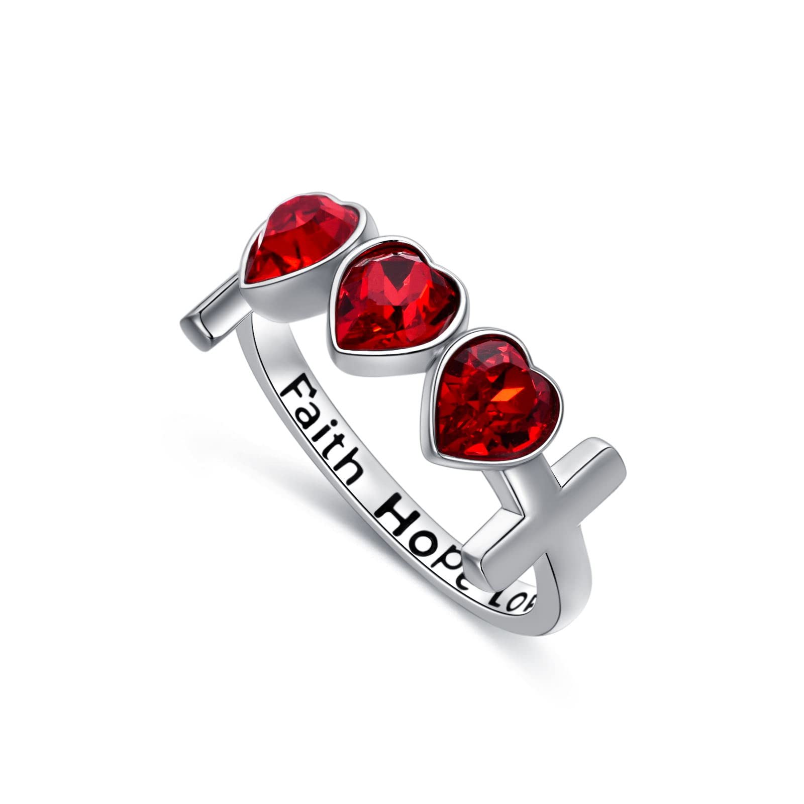 AOBOCO Cross Ring Sterling Silver Faith Hope Love Heart Sideway Cross Ring for Women, Made with Simulated Ruby Red Heart Austrian Crystals, Size 9