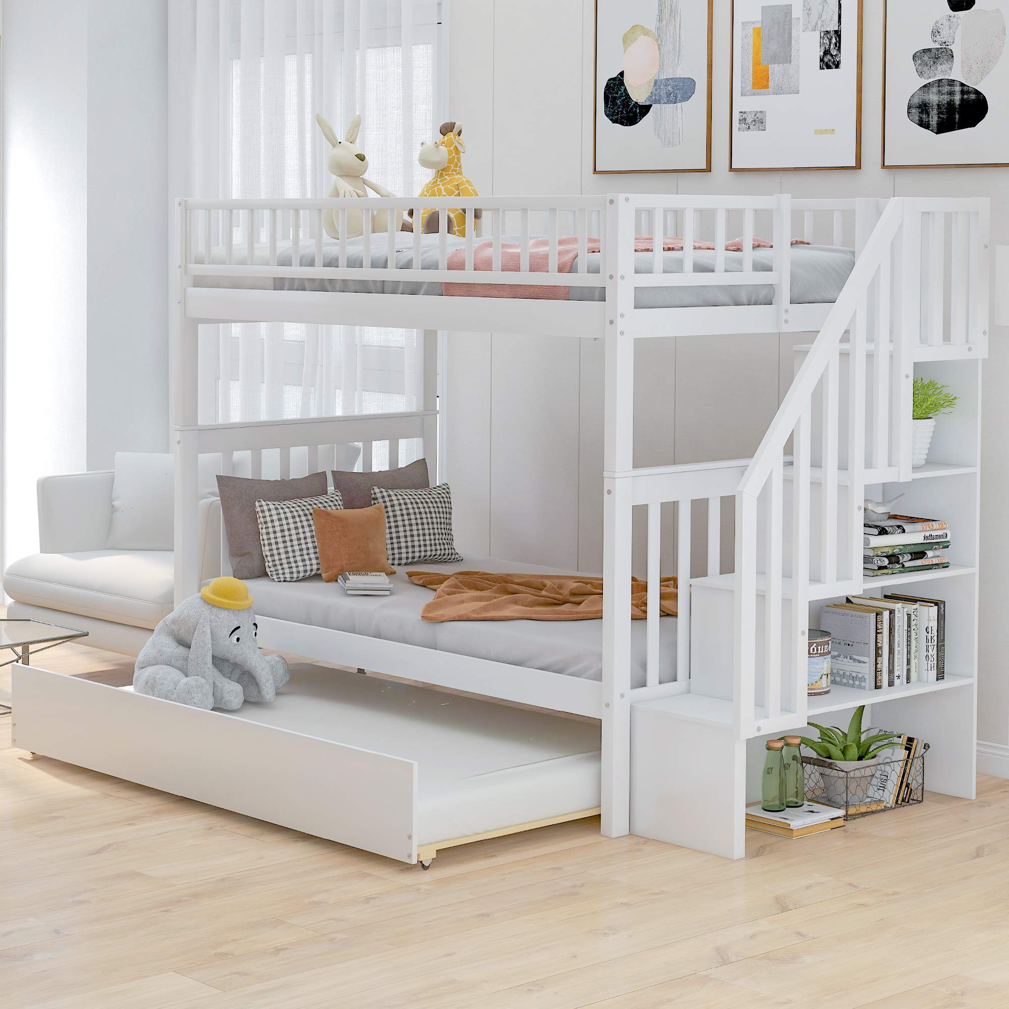 BIADNBZ Twin Over Full Bunk Bed with Guard Rails and Ladder, Wood BunkBed can be Convertible into 2 Bedframe, for Kids Teens Adults, Gray