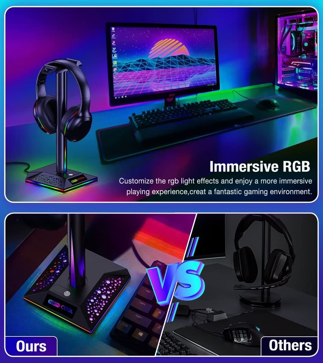 EUROA Headphone Stand Gaming Desk Headset Stand Holder with 10 RGB Lights, Head Set Desk Hook Gift Accessories for Gamer, Backpack Gaming Headpones Stand with 2 USB Charing Ports