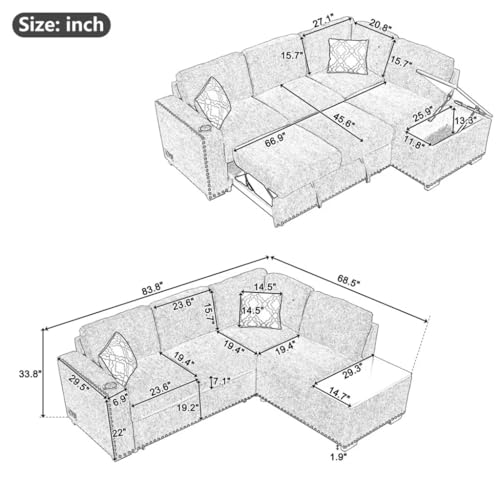 ADUH 83.8" L-Shaped Sofa,Comfy Couch,Reversible Sectional Pull-Out Sofa Bed with Storage Chaise,USB Power Sockets