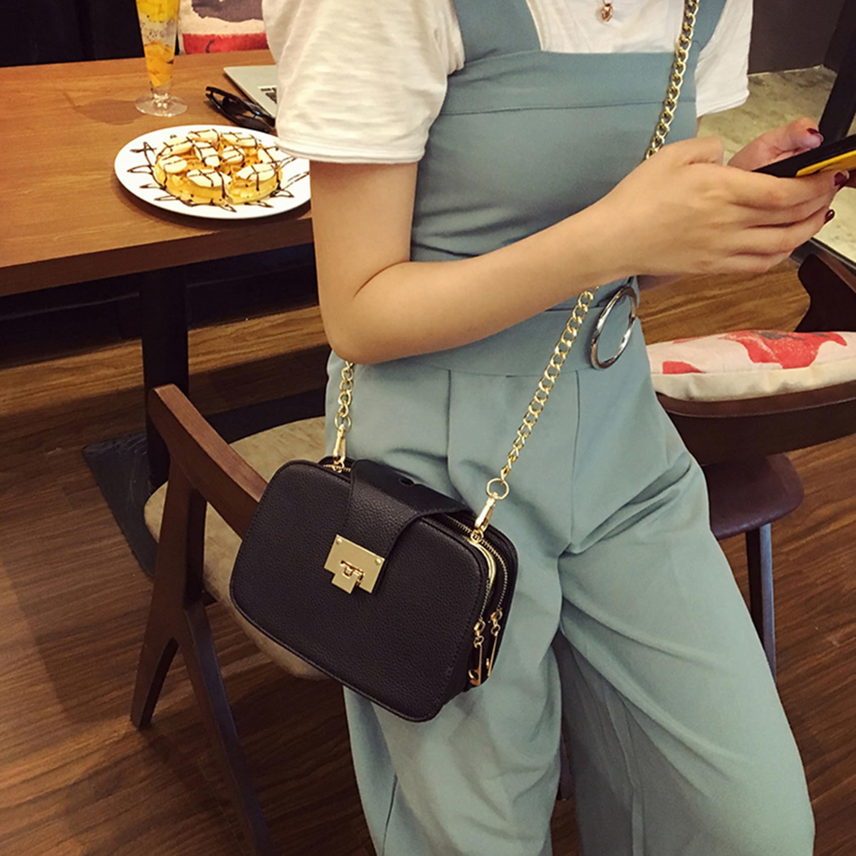 forestfish Ladies’ Black PU Leather Shoulder Bag Purse Evening Clutch Bags Crossbody Bag with long Metal Chain Strap, Black