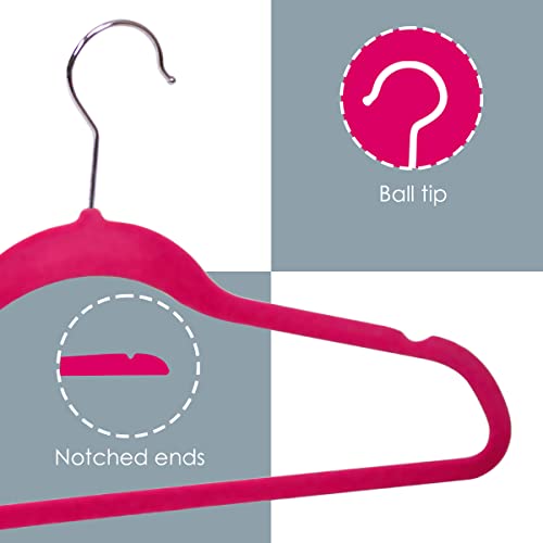 Velvet Clothes Hangers (Pack of 10), Fuchsia, by Home Basics | Hangers for Tops, Jackets, Dresses, and Pants | Contoured with Notches | Ultra-Thin Space Saving Clothes Hangers with Rotating Hooks