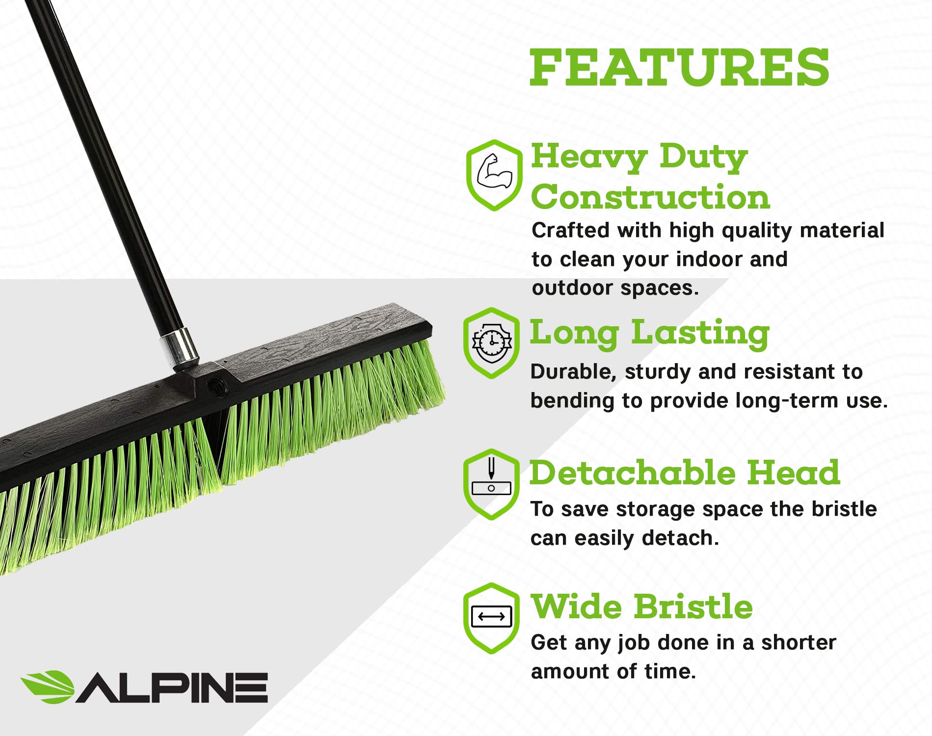 Alpine Industries Push Broom Heavy Duty Smooth Surface Broom Deck Scrubber Long Handle Commercial Floor Scrub Broom Cleans Dirt, Debris, Sand, Mud, Leaves and Water (Green, 24 in)