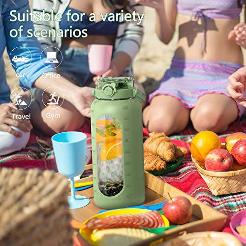 BLUEGO 64 oz Glass Water Bottles with Straw Time Marker Half Gallon Large Motivational Bottle Silicone Sleeve 2 Liter Jug for Gym, Sports& Workout, Olive