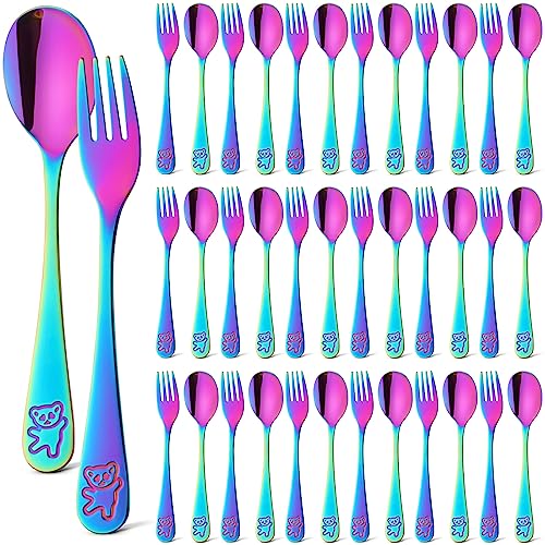Dandat 36 Pcs Stainless Steel Toddler Utensils, Rainbow Kids Silverware Set Includes Small Kids Spoons and Forks, Metal Kids Cutlery Set, Child Safe Flatware, Dishwasher Safe (UV Rainbow)