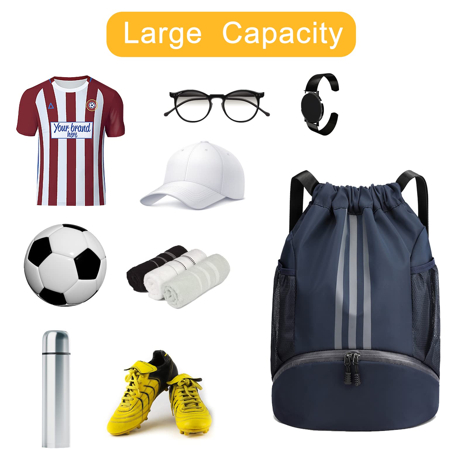 AMQTSLM Soccer Bag,Drawstring Backpack,Waterproof Soccer Backpack for Boys Girls,Volleyball Bag,String Bag Yoga Gym Backpack Sport Bag with 2 Wristband (Dark Blue)