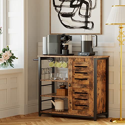 IRONCK Storage Cabinet with Charging Station and Wheels, 31.5" Kitchen Cart Cabinet with Shelves, Removable Cart Handle Cup Hook, Cupboard for Kitchen, Living Room, Industrial, Vintage Brown