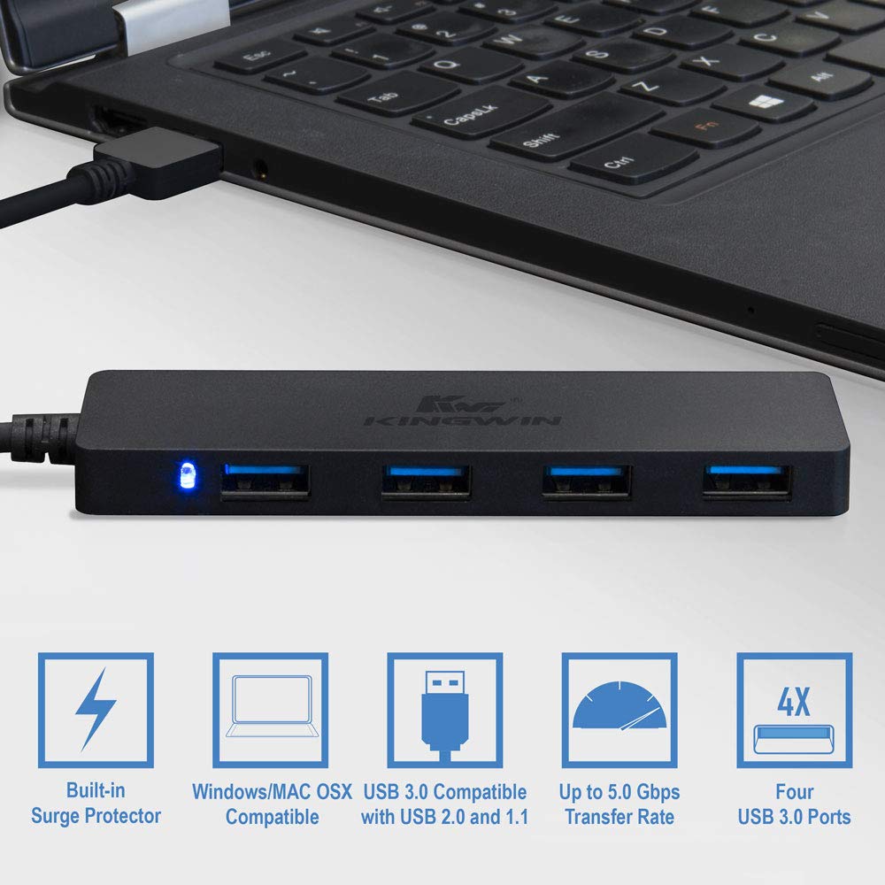 Kingwin USB Hub 4 Port USB 3.0 Data Hub for Mobile SSD, MacBook, Mac Pro/ Mini, iMac, Chromebook, Surface Pro, USB Flash Drives, Notebook PC, XPS, and More [Ultra Slim]