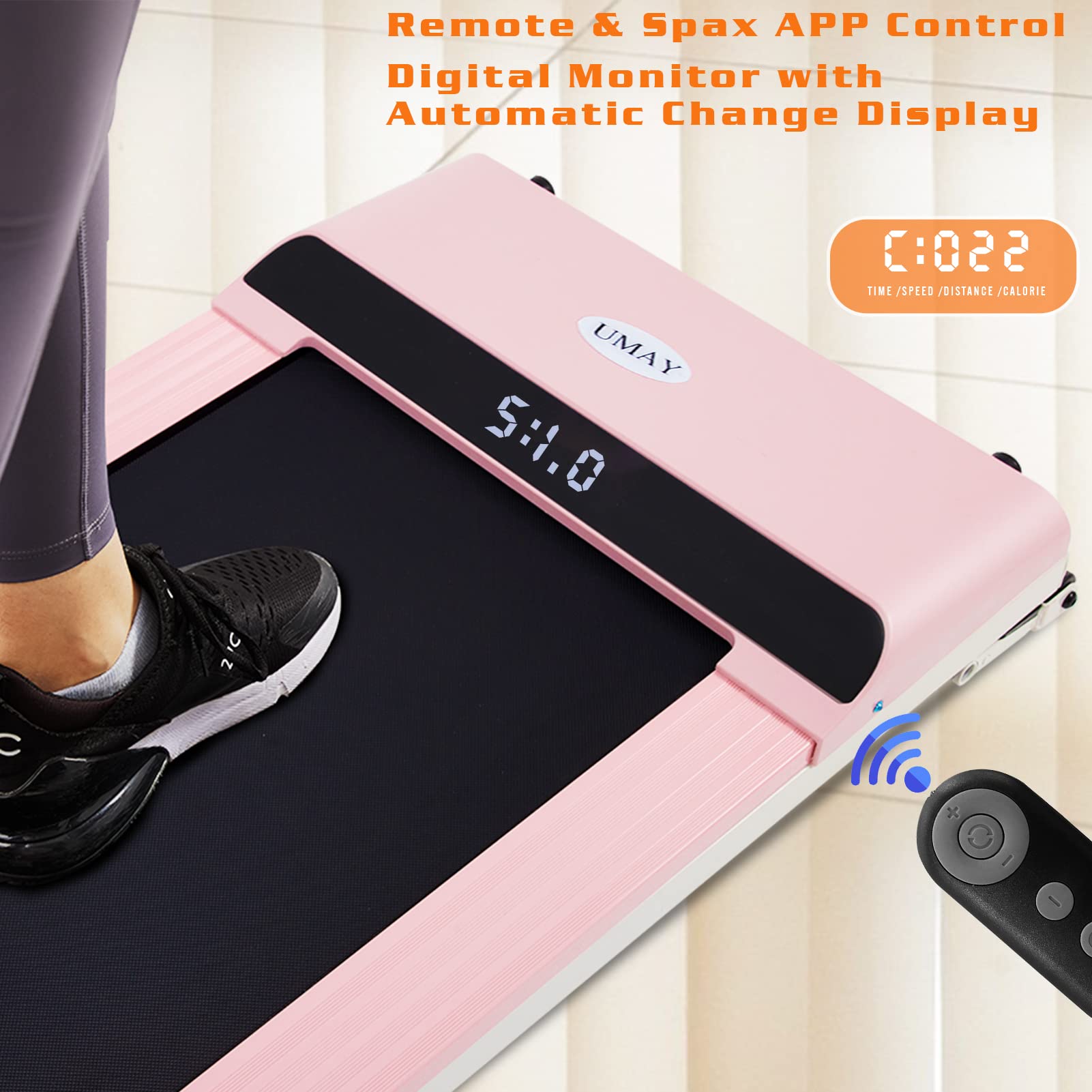 Ampela Portable Treadmill Under Desk Walking Pad Flat with LED Display & Sport APP, Running Machine for Apartment and Small Space Without Assembling(Pink)