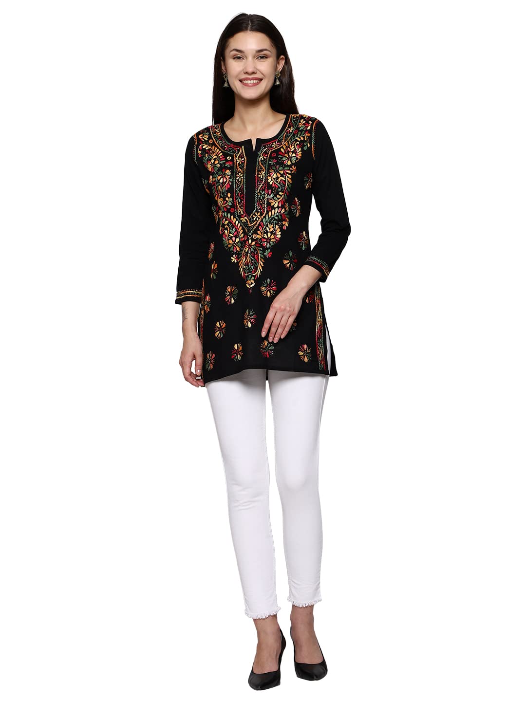 Ada Indian Hand Embroidered Chikankari Black Cotton Top Tunic Kurti A225311 (Large)