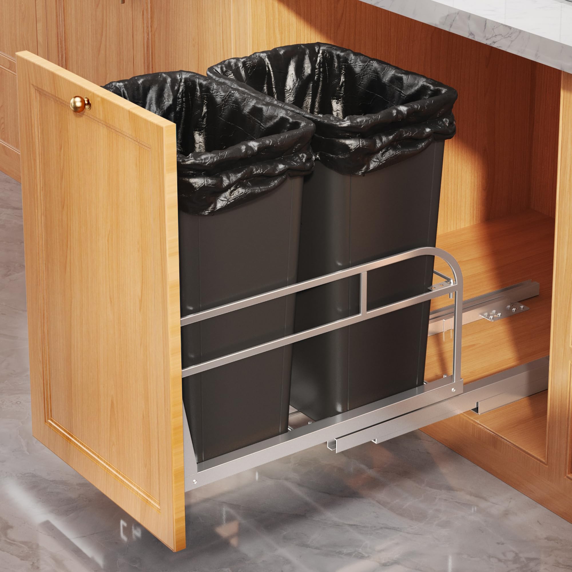 Biboraya 2-40 QT Pull Out Trash Can Under Cabinet with Soft-Close Slides,Door Mounting Slide Out Garbage Can Kit for Kitchen,Garbage Can Not Included, Requires Minimum Cabinets Opening 17" W X 25" D
