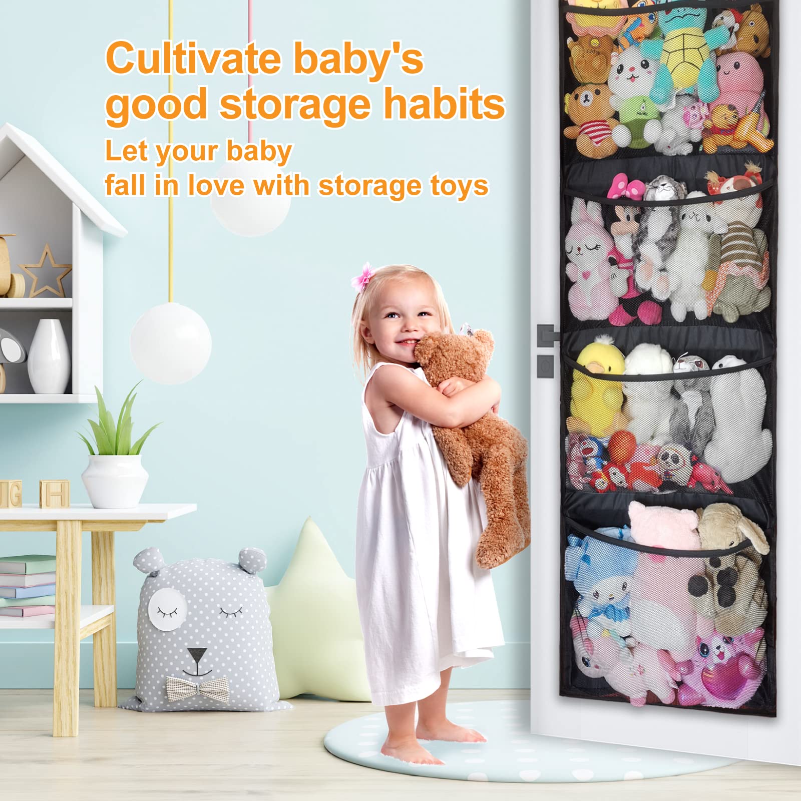 Adgoaler Over Door Stuffed Animal Storage, Stuff Animals Toy Organizer with 4 Large Pockets, Hanging Toy Plush Storage for Nursery, Bedroom, Easy Installation and Take (Black)