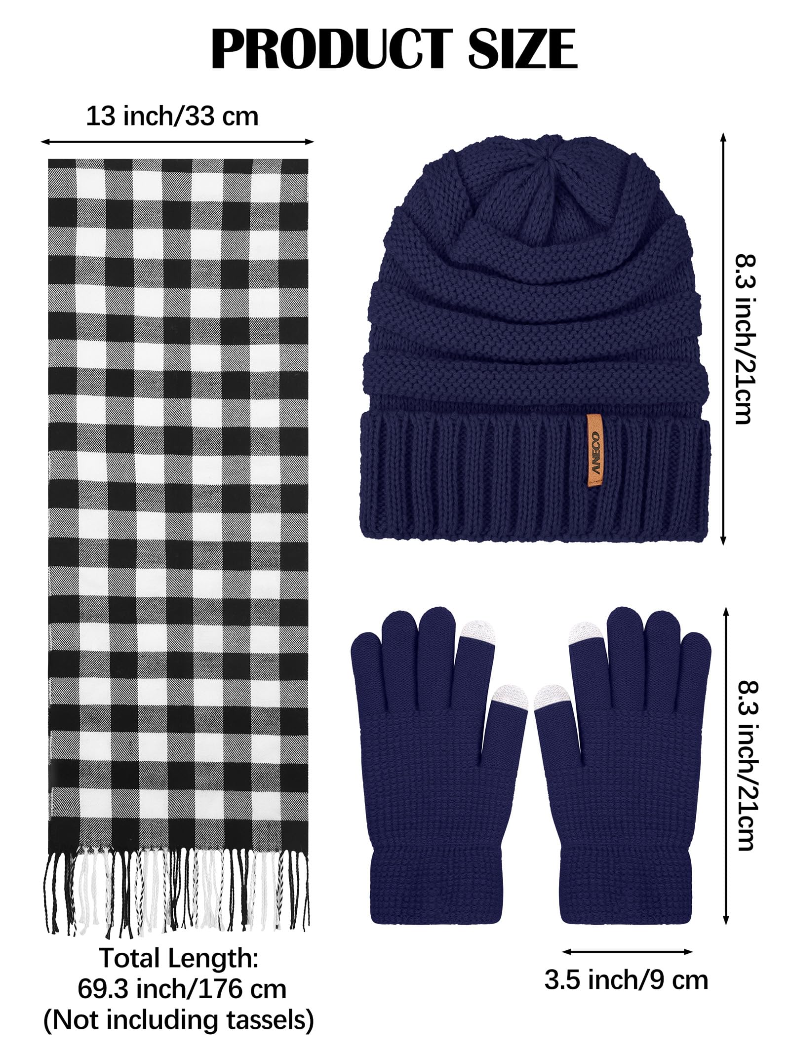 Aneco Winter Warm Knitted Scarf Beanie Hat and Gloves Set Men & Women's Soft Stretch Hat Scarf and Mitten Set