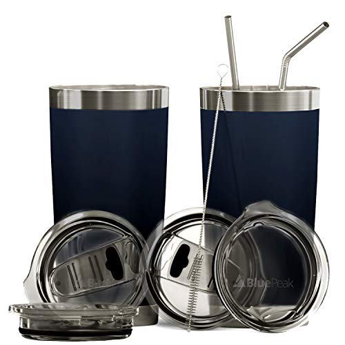 BluePeak Double Wall Stainless Steel Insulated Tumbler Set, 2-Pack, Includes Sipping Lids, Spill-Proof Sliding Lids, Straws, Cleaning Brush & Gift Box (20oz, Navy)