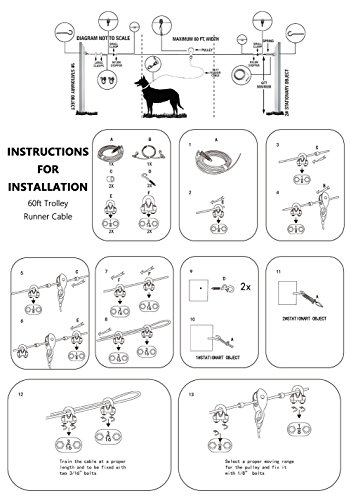 Petest 60ft Trolley Runner Cable for Heavy Dogs Up to 125 Pounds